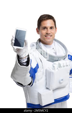 Shed male astronauts take mobile phones Stock Photo - Alamy