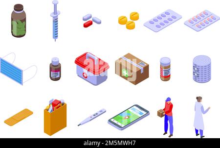 Drug delivery icons set. Isometric set of drug delivery vector icons ...