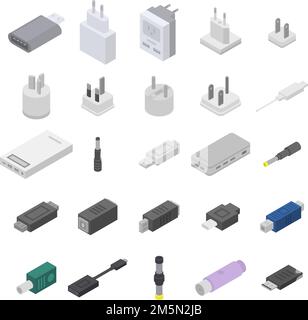 Adapter icons set. Isometric set of adapter vector icons outline ...