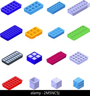 Ice cube trays icons set flat vector. Cool container. Kitchen freezer ...