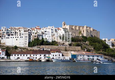 Old town and boats in the natural harbour of Mao, Mahon, Menorca, Spain ...