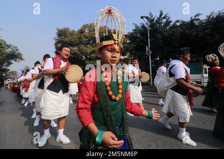 Gurung community people in traditional attire dance at a parade to mark ...