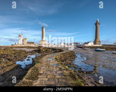 The lighthouses of Le Vieux Phare de Penmarch and Phare dEckmuehl with ...