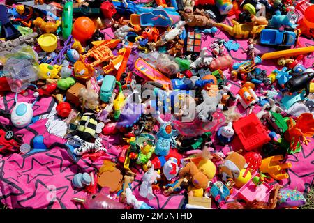 Small toys at a country flea market, Province of Quebec, Canada Stock ...
