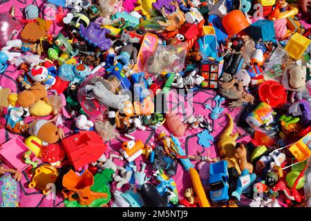 Small toys at a country flea market, Province of Quebec, Canada Stock ...