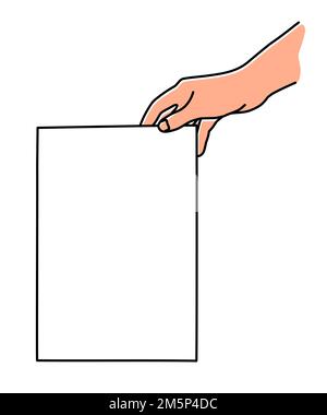 Hand holding A4 paper sheet hand drawn with thin line. Presenting ...