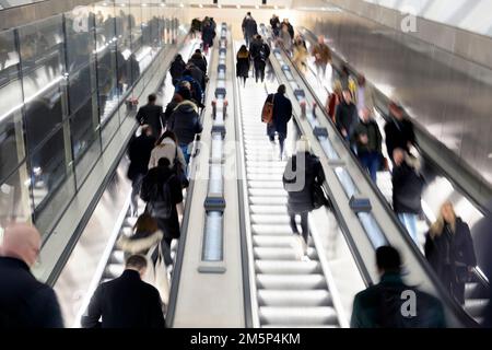 Escalators at Elizabeth line station London underground England UK ...