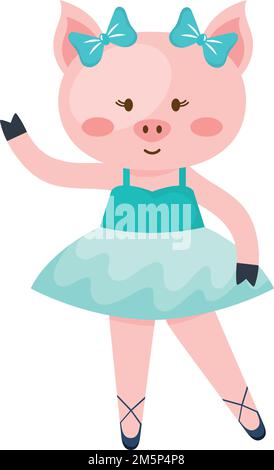 Happy funny pig girl ballerina. Cute outline cartoon animal. Line ...
