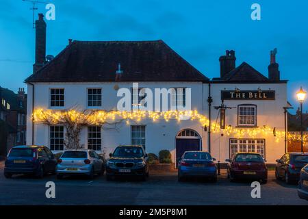 Christmas lights at dusk in Odiham High Street, a Hampshire village ...
