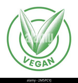 Vegan Engraved Round Icon with Green Leaf isolated on a White ...