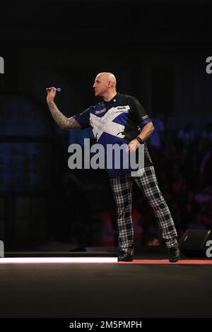 Alan Soutar in action during day thirteen of the Cazoo World Darts ...
