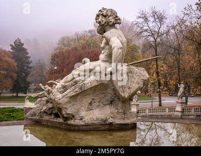 The monumental Fountain of Twelve Months, surrounded by trees in ...