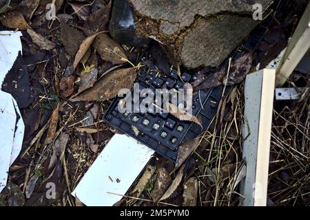 Broken keyboard with foliage seen from above Stock Photo - Alamy