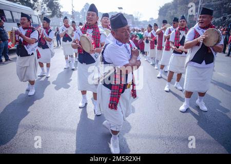 People of the Gurung community wearing traditional attire are seen ...