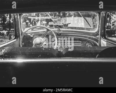 View of the interior of a Citroen Traction Avant, on display at the ...