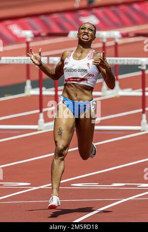 Kendra Harrison running the 100m hurdles at the 2019 World Athletics ...