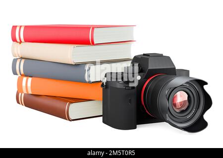 Books with professional video camera, 3D rendering isolated on white ...