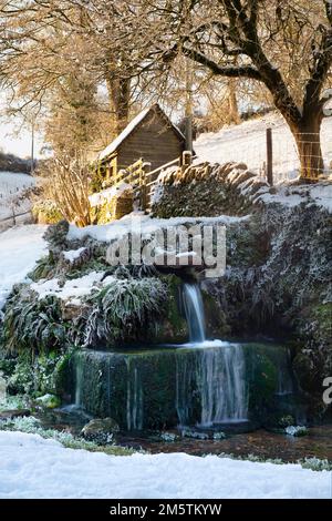Winter snow on the stone crocodile spring water spout in the cotswold ...