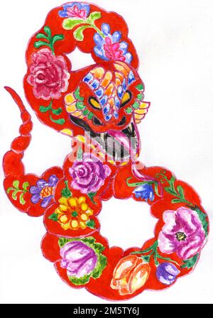 Decorative red snake with colorful flowers, hand drawn illustration ...