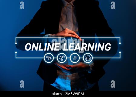 Text caption presenting Online Learning. Business approach Larning with ...