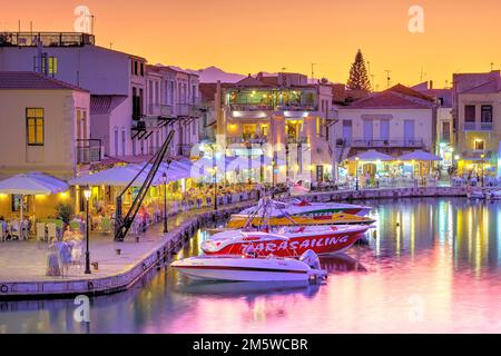 Venetian harbour, dusk, night shots, orange sky, colourful rows of ...