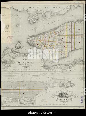 Map of New-York. Shows railroads, piers, and ferries. Oriented with ...