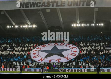 Newcastle United fans with a tifo display during the UEFA Champions ...