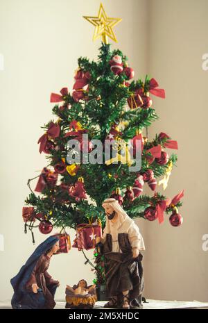 traditional white nativity Christmas tree Stock Photo - Alamy