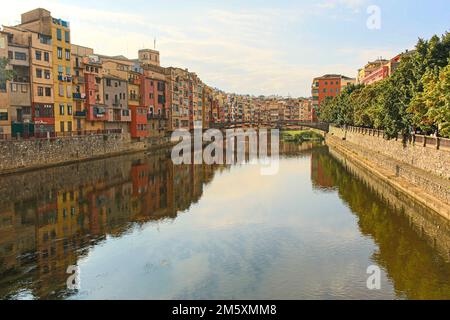 Looking down the river Onyar in the medieval Catalonian city of Girona ...