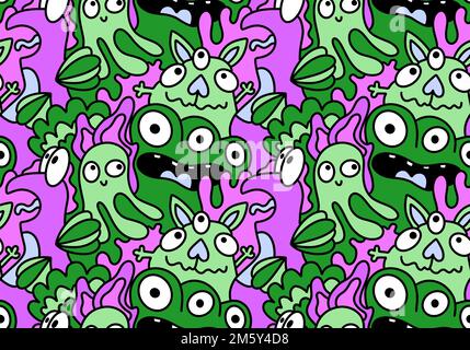 Cartoon doodle monsters seamless aliens and animals pattern for ...