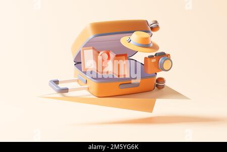 Cartoon style luggage with travel theme, 3d rendering. Digital drawing ...