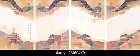 Set of Japanese background. Ukiyoe traditional illustration of ...