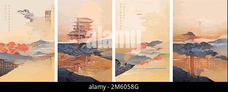 Set of Japanese background. Ukiyoe traditional illustration of ...