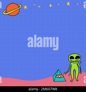 Frame with alien and Saturn on an indigo grid background vector Stock ...