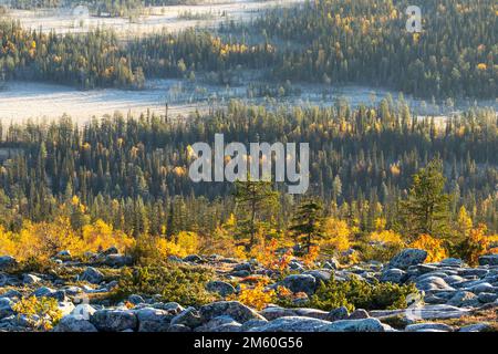 A view from a rocky Iso Pyhätunturi peak on an autumn morning in Salla ...