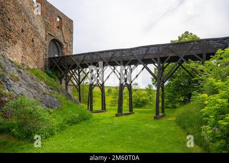 Krakove medieval castle with wooden bridge and entrance gate, Czech ...