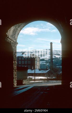 Slaithwaite mill and railway viaduct in the Colne Valley, West ...