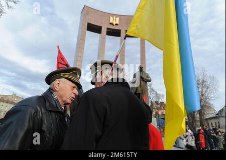 Lviv, Ukraine, 1 January 2023. People are gathered at the monument to ...