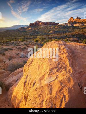 Sunrise over La Sal Mountains and under Mesa Arch, Canyonlands National ...