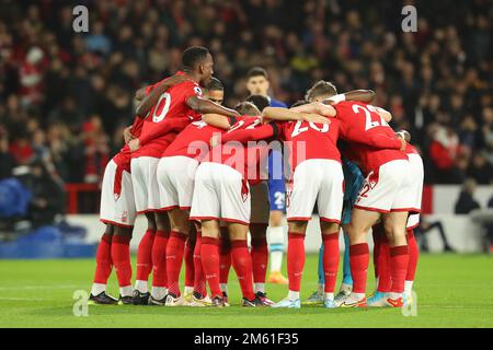Nottingham Forest players have a team huddle before the game during the ...