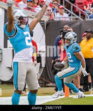 Carolina Panthers tight end Tommy Tremble (82) runs the ball during overtime of an NFL football ...