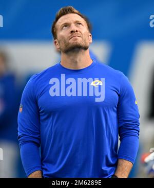 Los Angeles Rams head coach Sean McVay kneels on the field after an ...