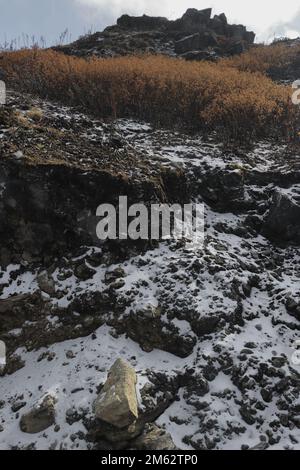 falling rock zone and alpine mountain landscape near doklam plateau in ...