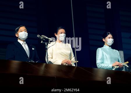 Japan's Emperor Naruhito, left, and Empress Masako, right, along with ...