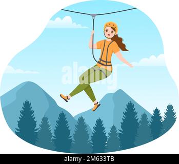 Zip Line Illustration with Visitors Walking on an Obstacle Course and ...