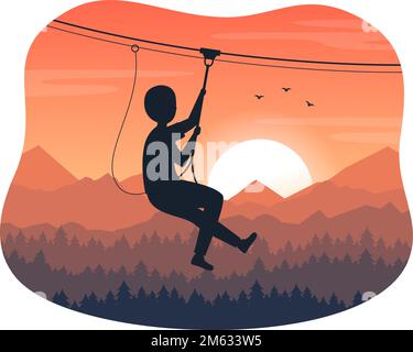 Zip Line Illustration with Visitors Walking on an Obstacle Course and ...