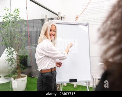 Cheerful senior female boss in formal outfit standing near flip chart ...