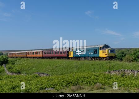 Vintage Diesel train locomotive pulling carriages and passengers on the ...