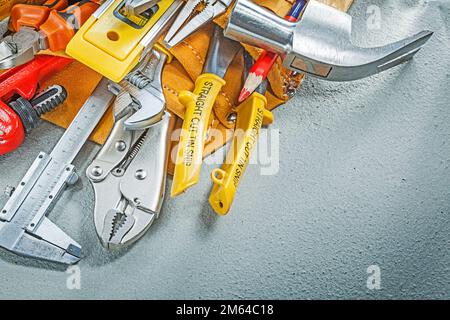 Leather tool belt construction tooling top view Stock Photo - Alamy