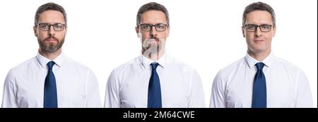 guy face stubble collage before and after isolated on white background ...